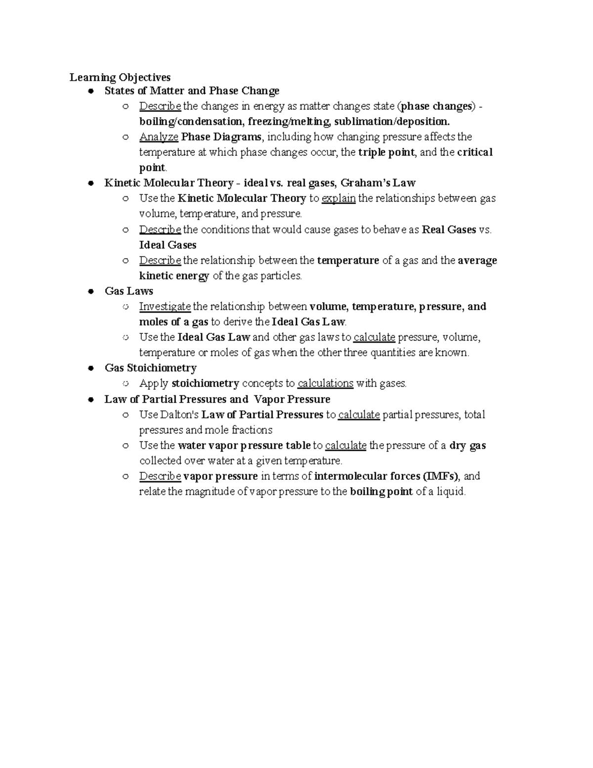 Unit 7 Learning Objectives: States of Matter & Gas Laws - Studocu