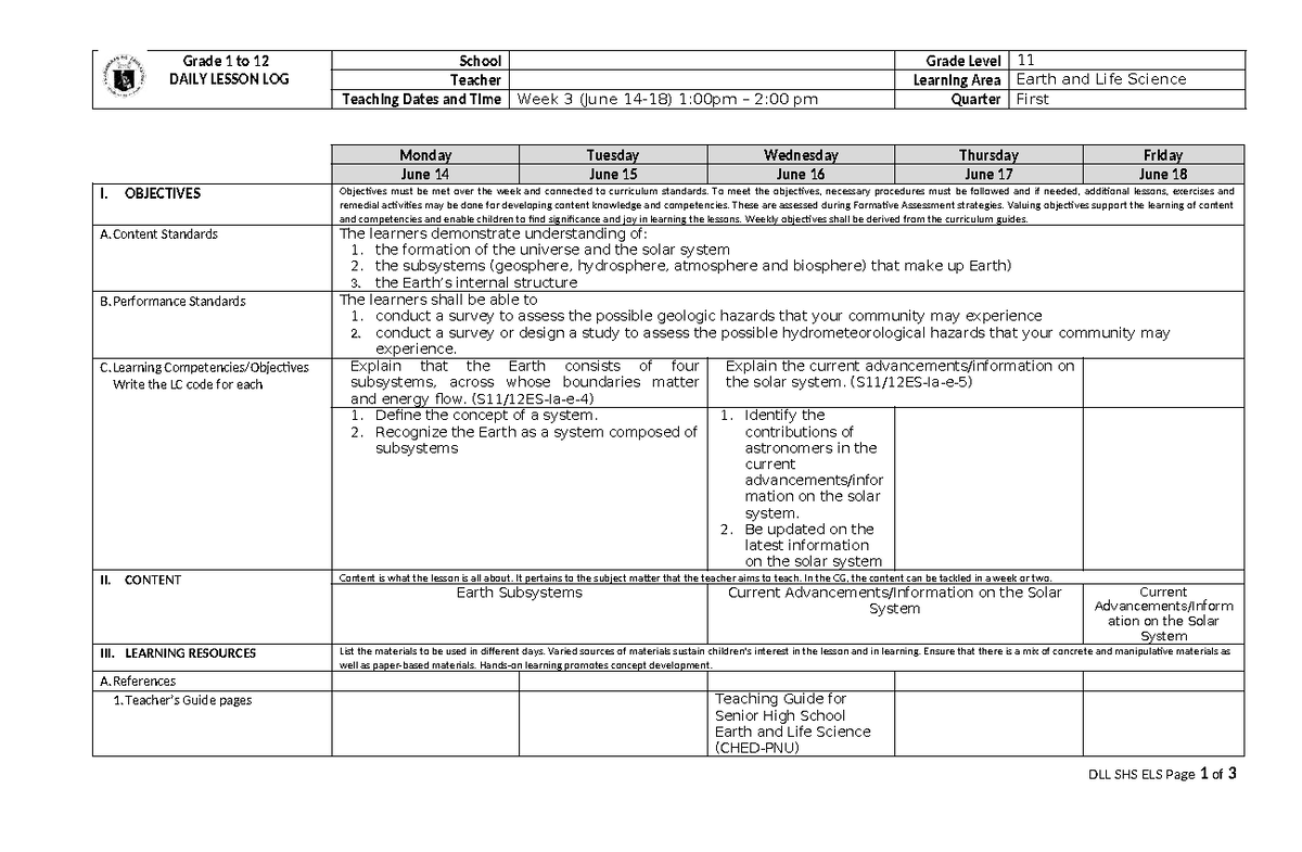 405947342 DLL SHS Daily Lesson Log for Earth and Life Science - Studocu