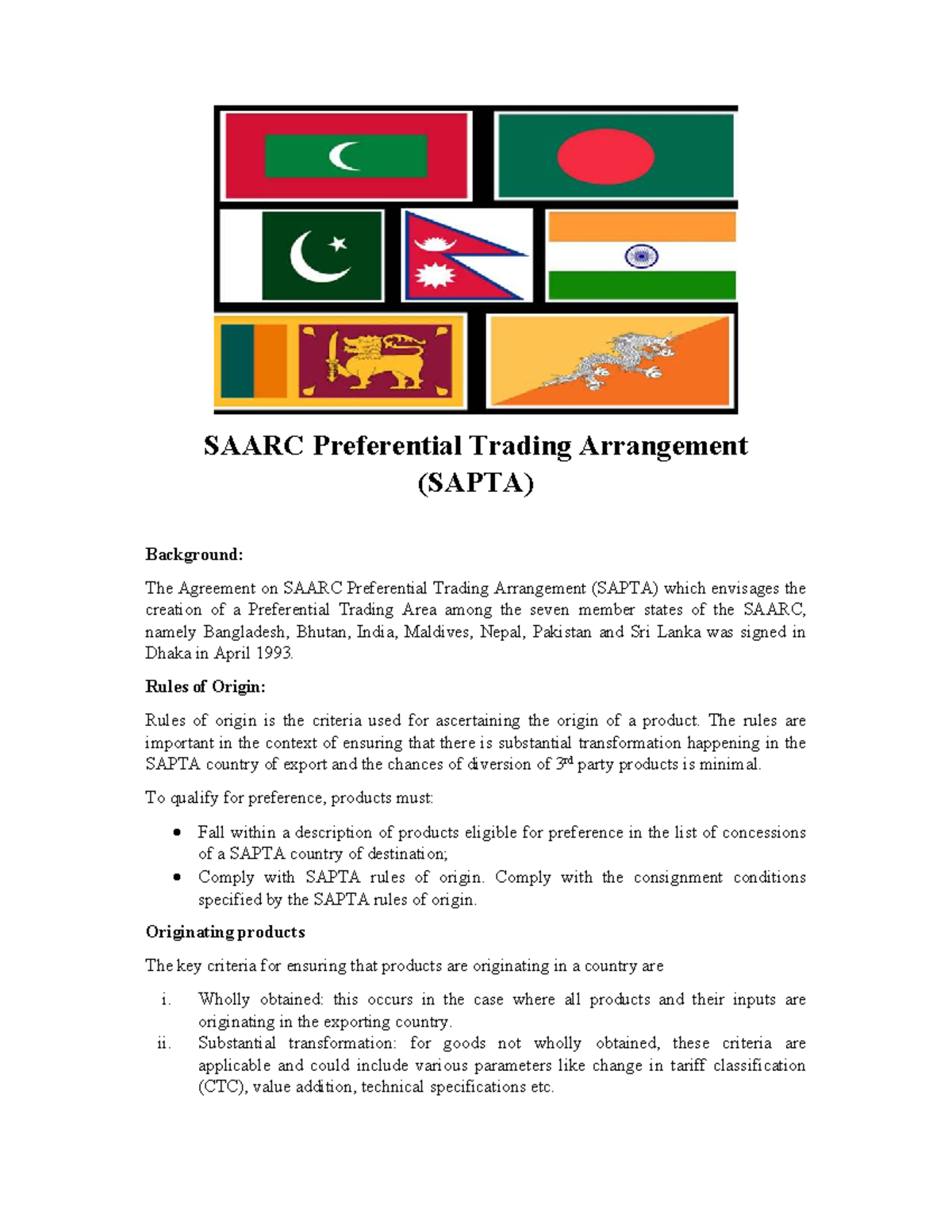 SAARC Preferential Trading Arrangement (SAPTA) Overview and Rules - Studocu