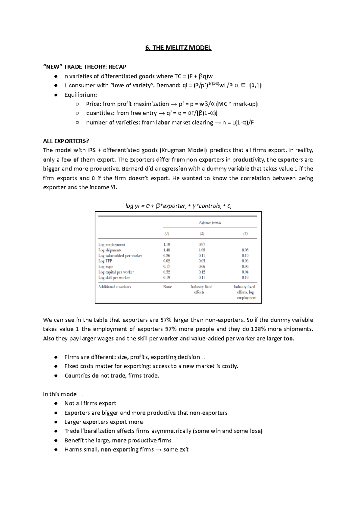 6. The Melitz Model - 6. THE MELITZ MODEL “NEW” TRADE THEORY: RECAP n ...