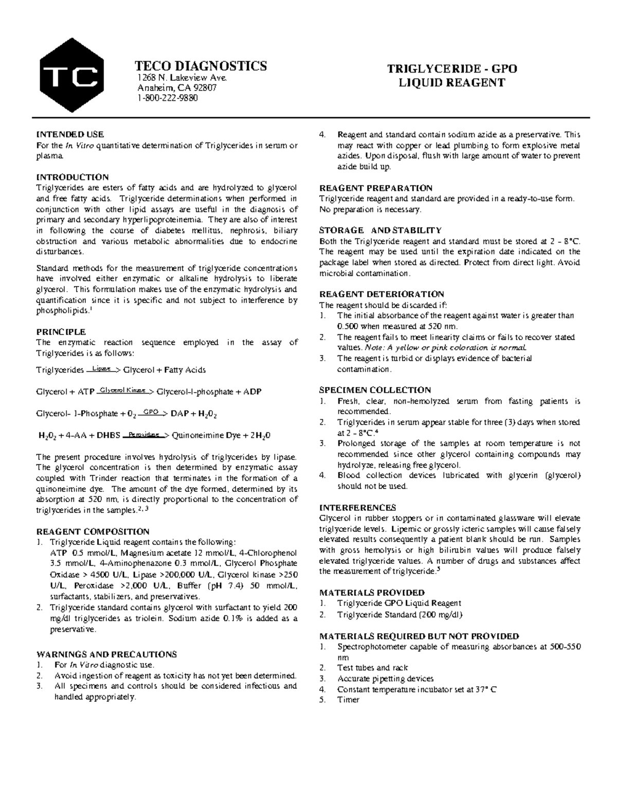 TECO Triglyceride GPO Liquid Reagent - In Vitro Diagnostic Use - Studocu