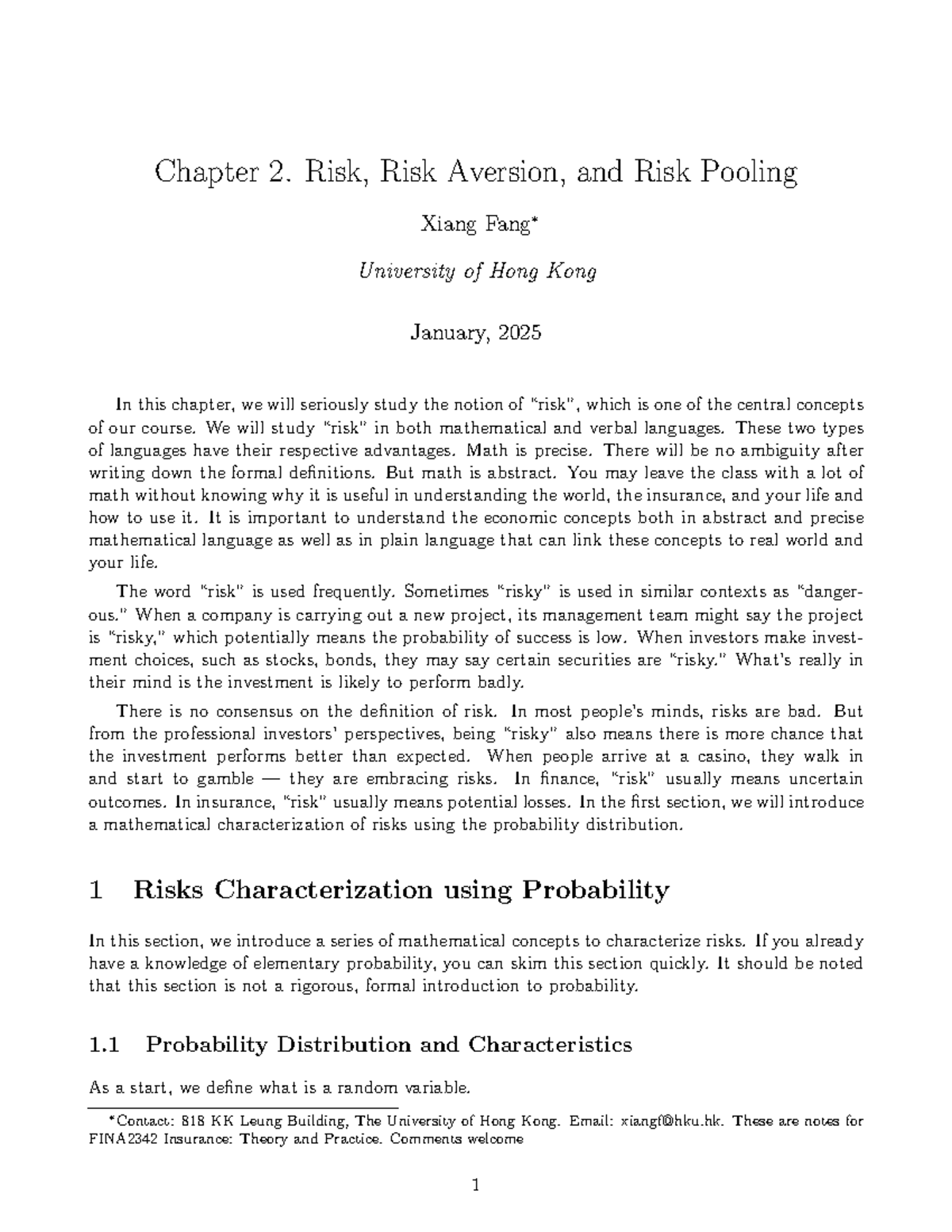 Chapter 2: Risk, Risk Aversion, and Risk Pooling - FINA2342 Notes - Studocu