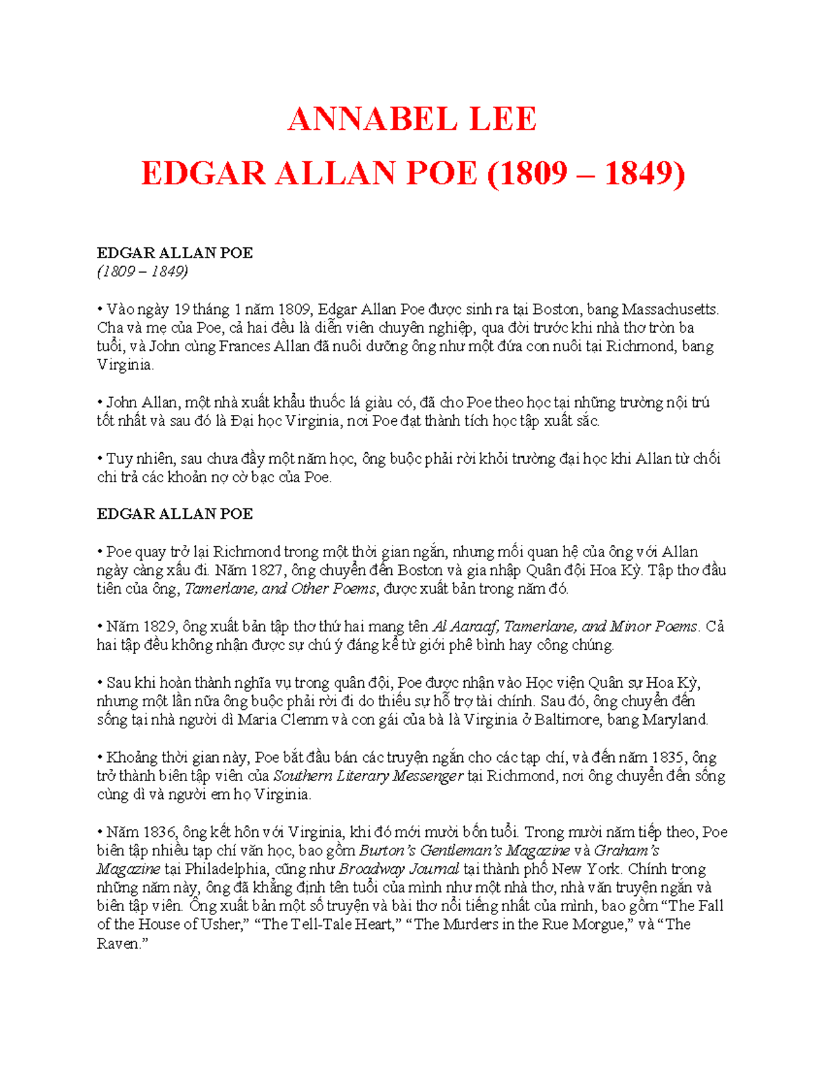 ANNABEL LEE - PHÂN TÍCH TÁC PHẨM CỦA EDGAR ALLAN POE - Studocu