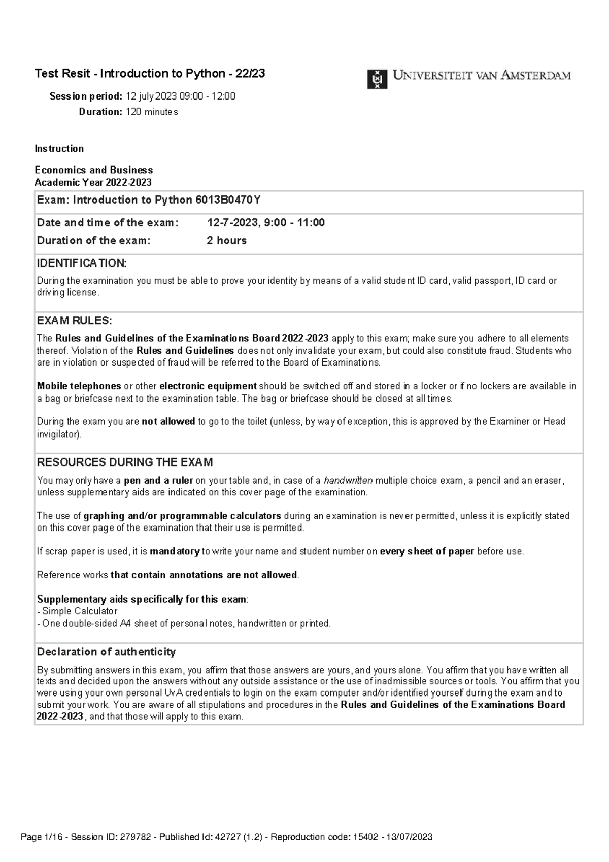 Resit Exam Guidelines for Intro to Python 6013B0470Y - July 2023 - Studeersnel