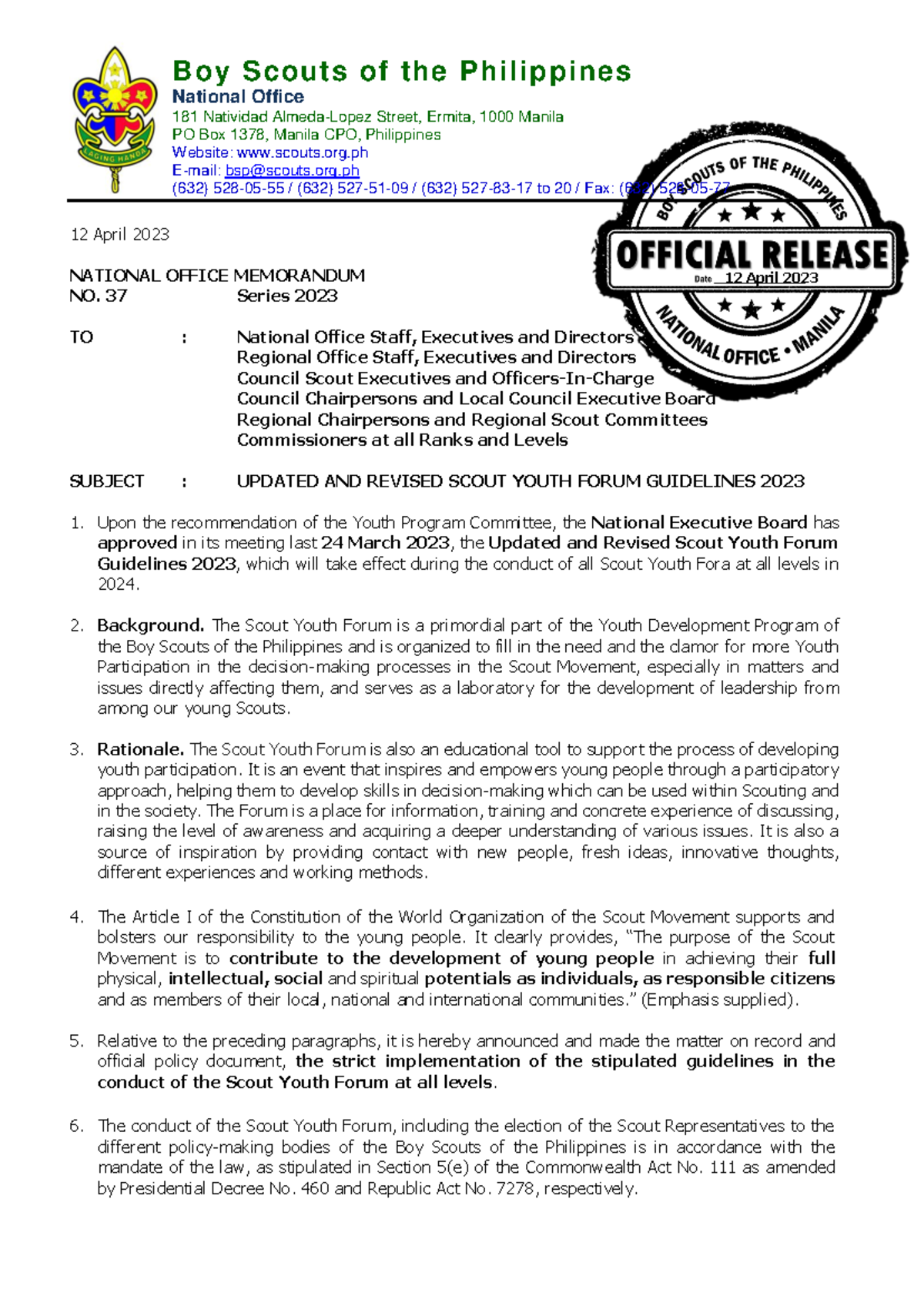 BSP NO Memo 37: Revised Scout Youth Forum Guidelines 2023 - Studocu