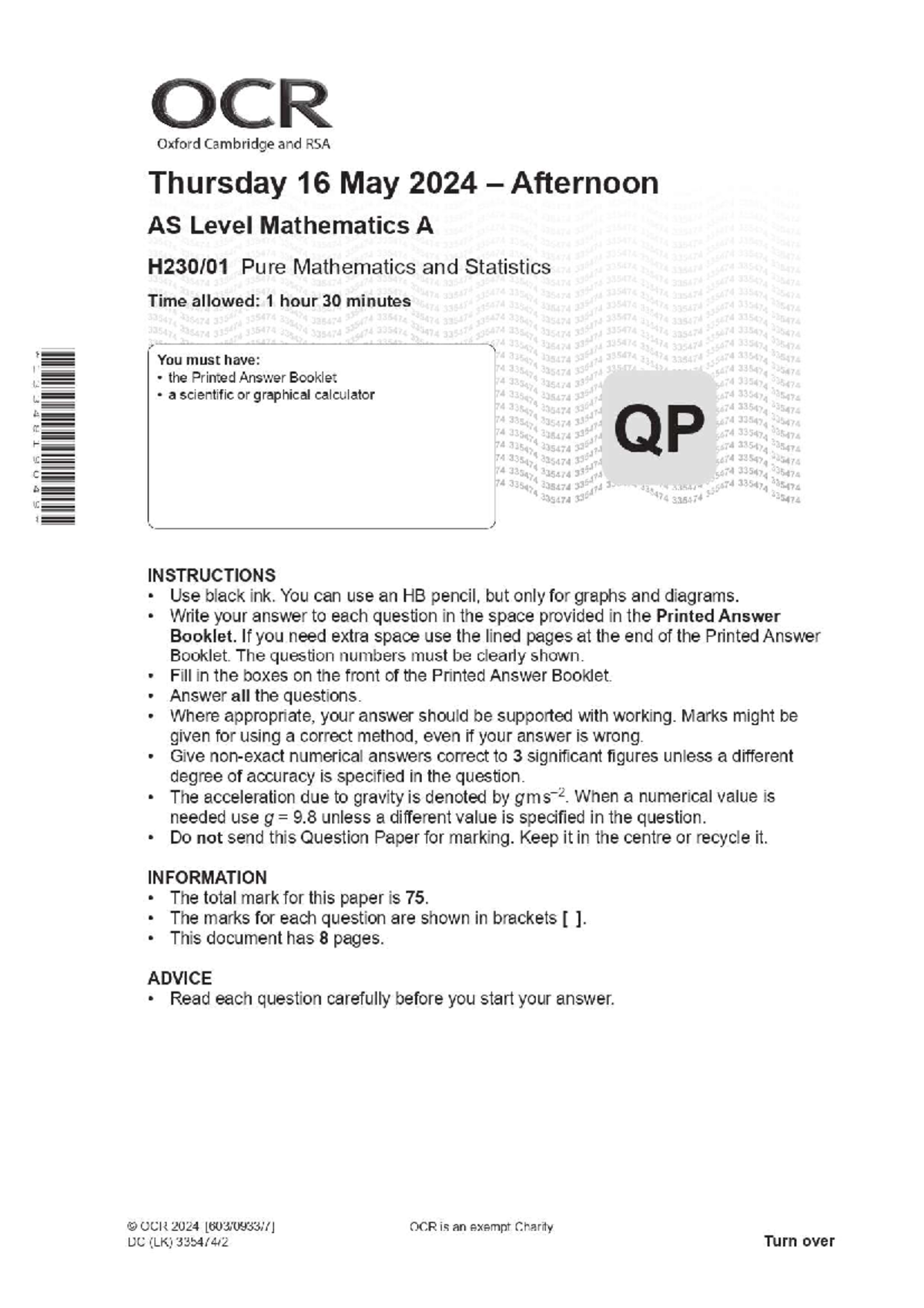OCR H230 AS Level Mathematics A Pure Mathematics & Statistics Exam ...