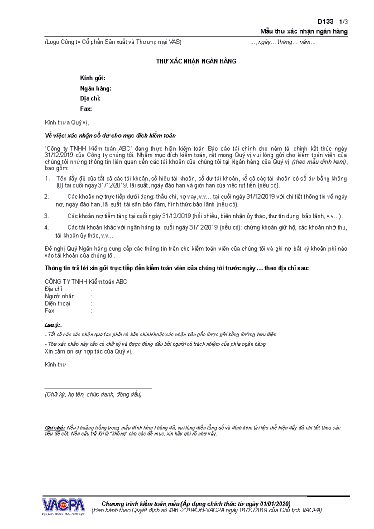 D133 - Mẫu Thư Xác Nhận Số Dư Tài Khoản Ngân Hàng Cho Kiểm Toán - Studocu