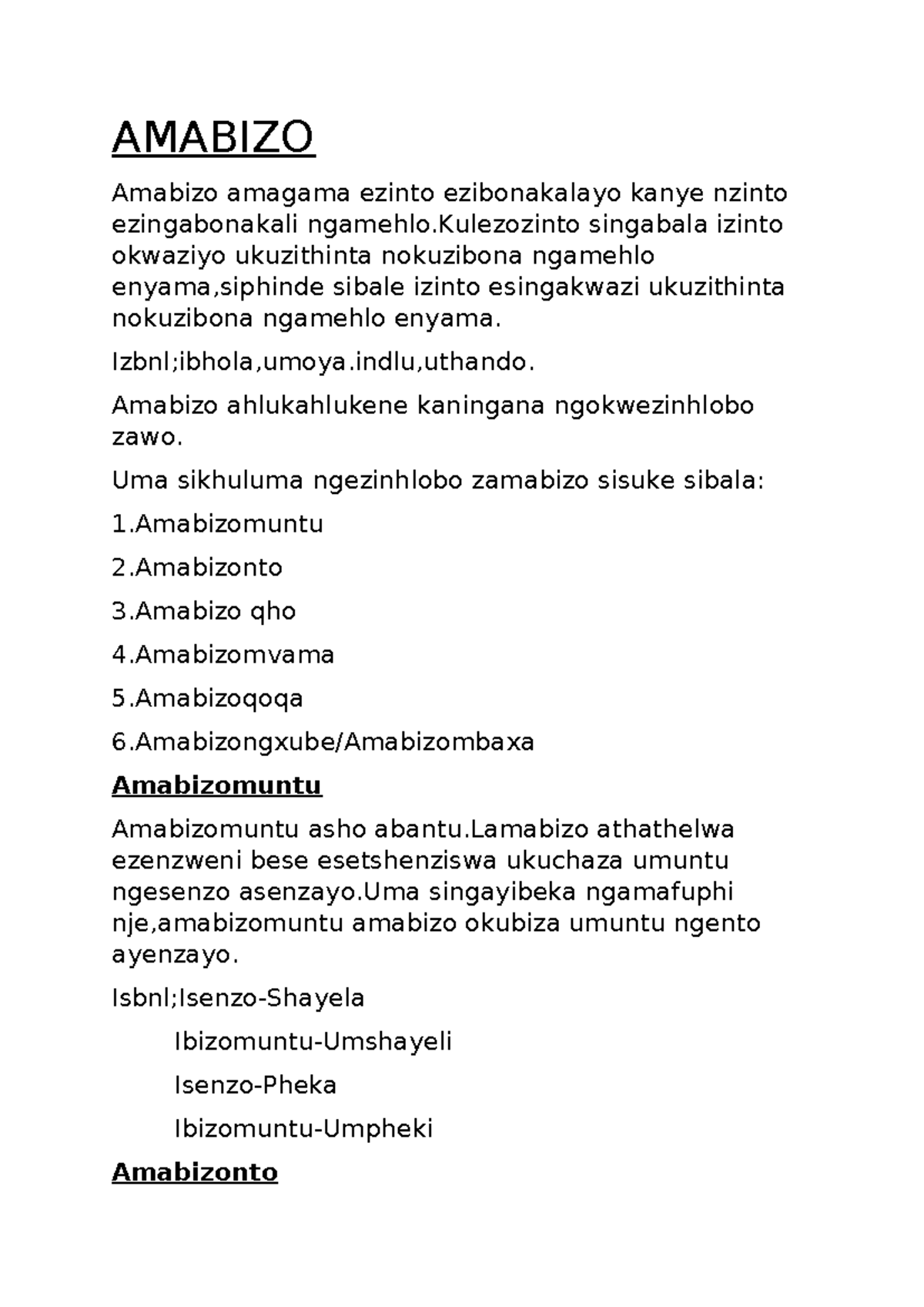 Amabizo - Isifinyezo seZifundo zeLimi lwase-Afrika (ZULU) - Studocu