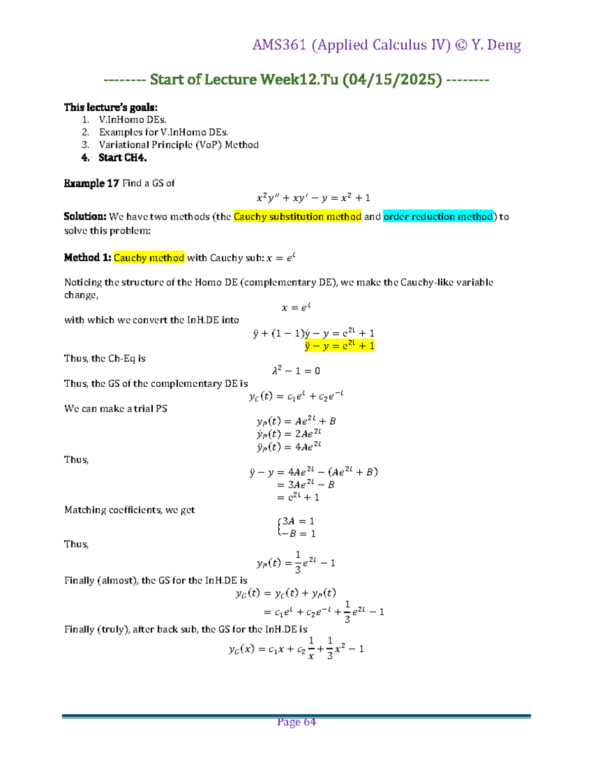 AMS361 (Applied Calculus IV) Week 12 Lecture Notes on V.InHomo DEs ...