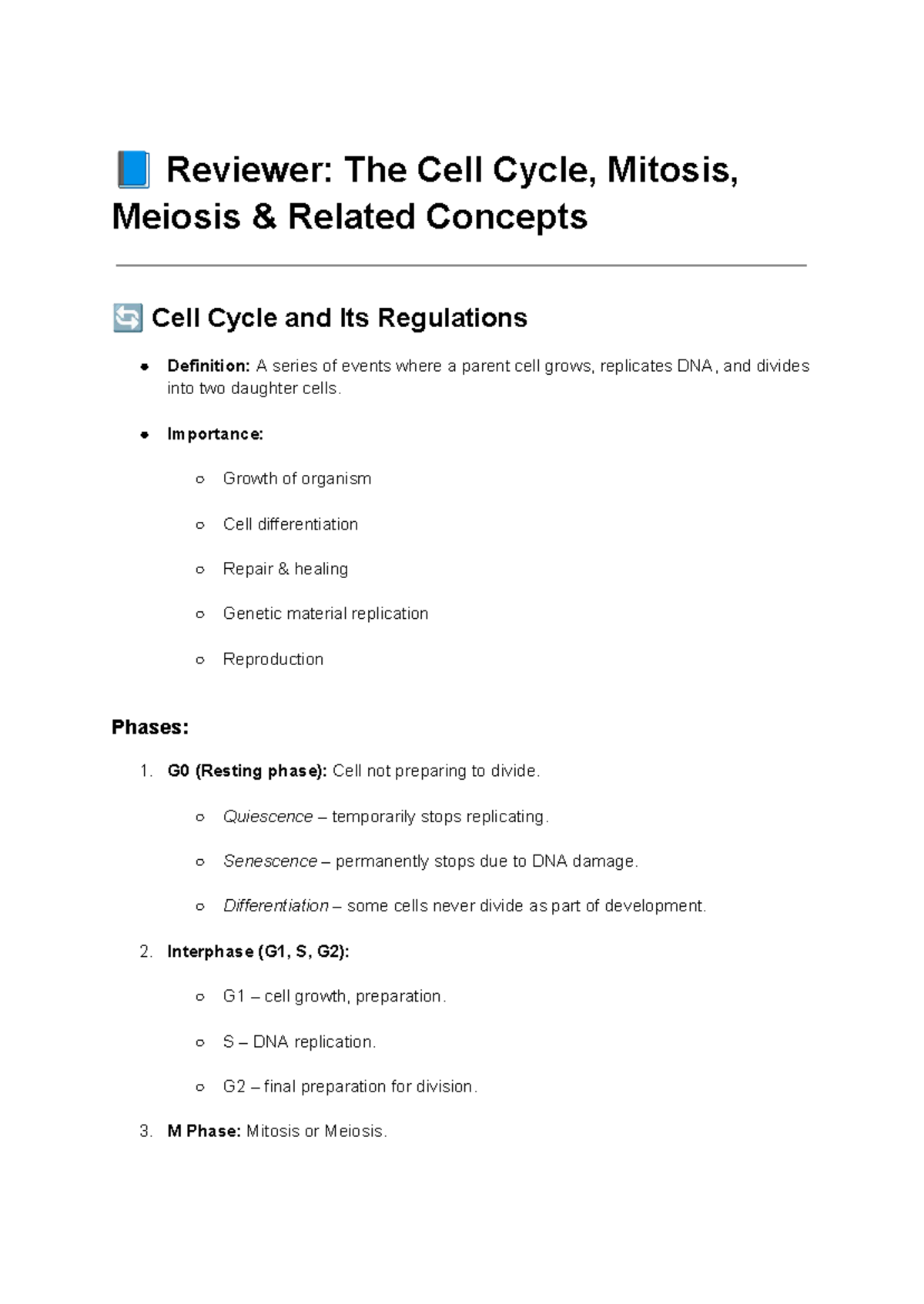 📘 Reviewer: The Cell Cycle, Mitosis, Meiosis & Key Concepts - Studocu