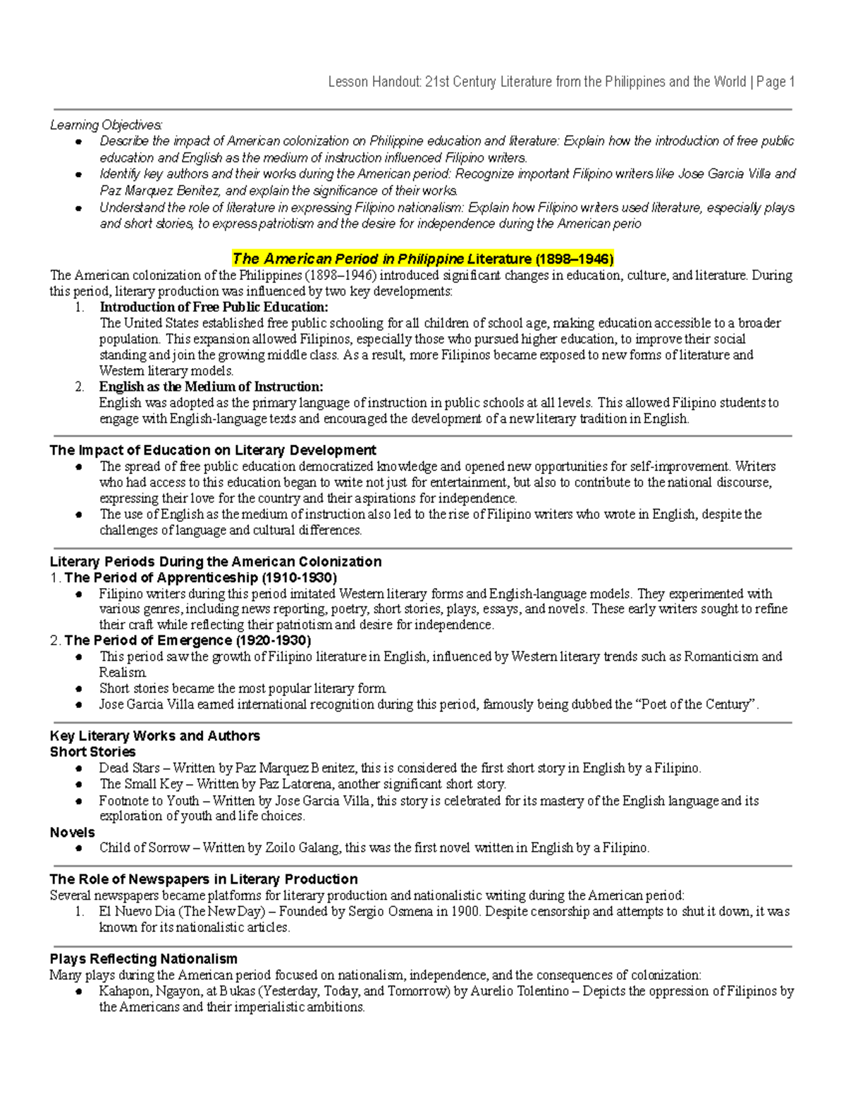 Lesson Handout: 21st Century Literature (ENG 101) - The American Period ...