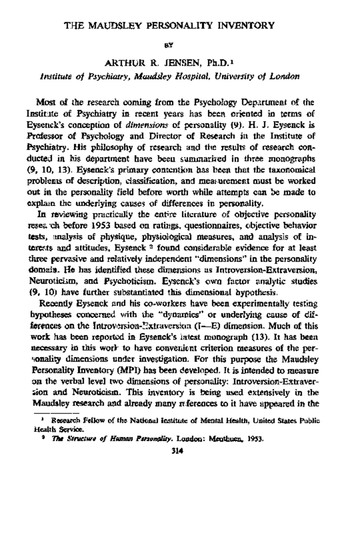 The Maudsley Personality Inventory (MPI) by Arthur R. Jensen (1958 ...