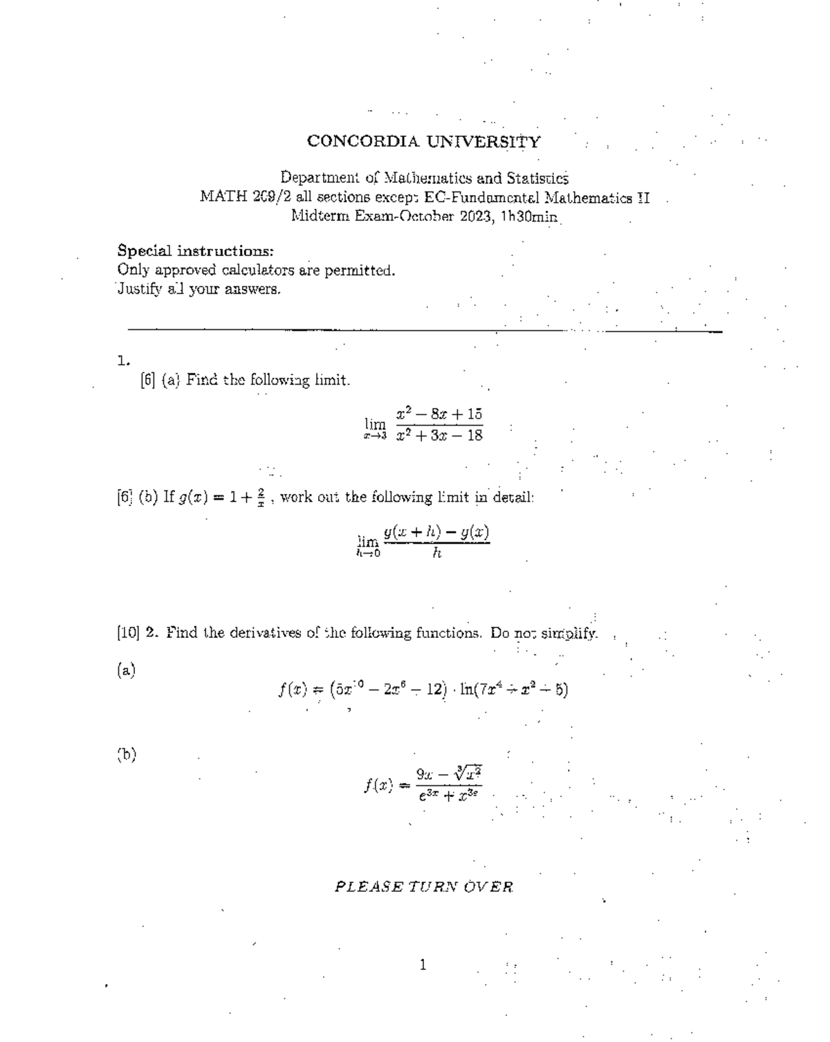 Math 209 Midterm Exam Fall 2023 - Limits and Derivatives - Studocu