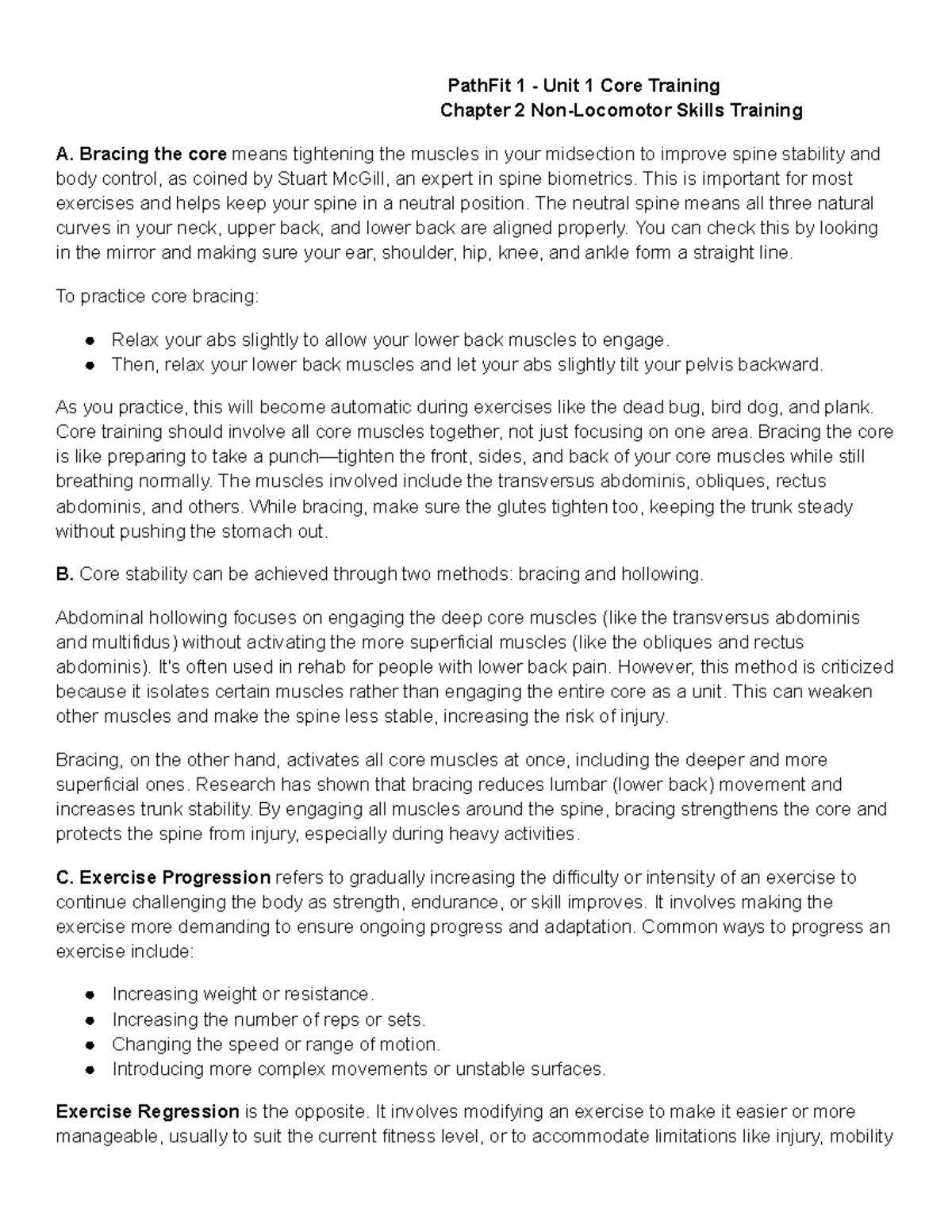 PathFit 1 Week 4 Lecture: Core Training & Stability Techniques - Studocu