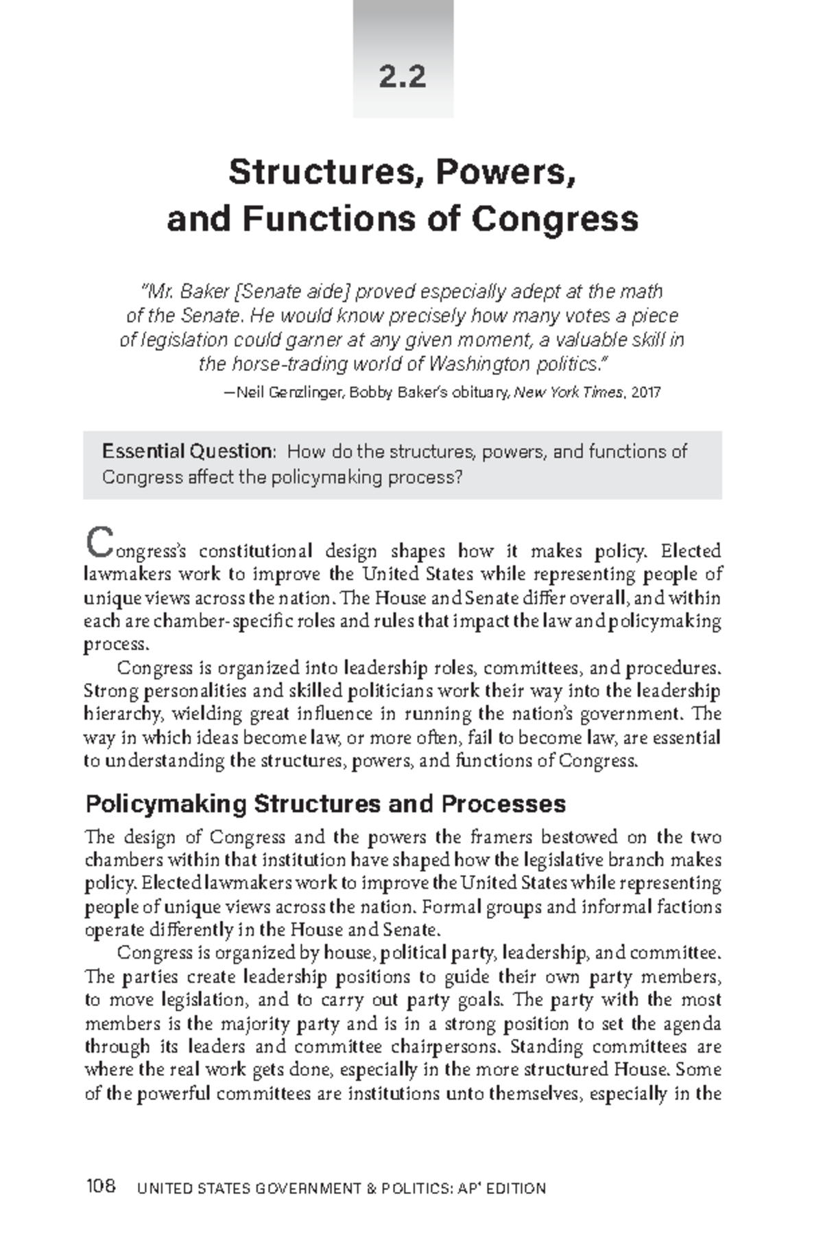 Congress Structures, Powers, and Functions - AP® Edition Notes - 108 ...