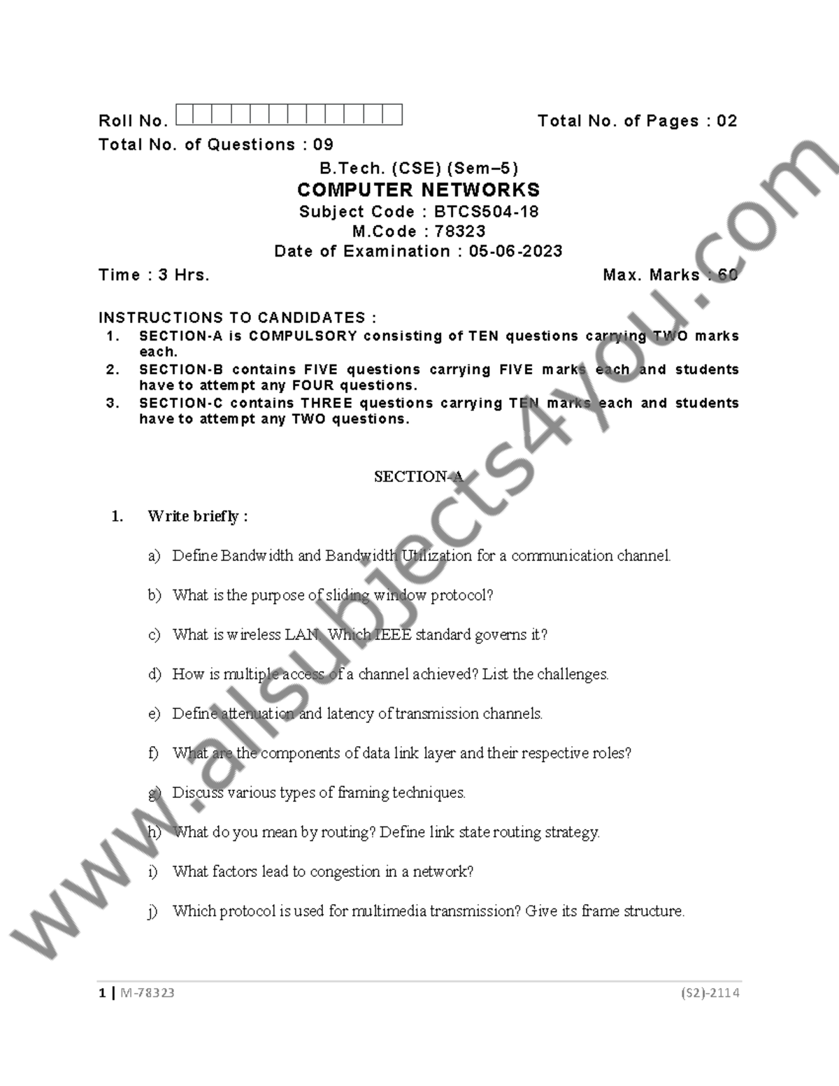 B.Tech (CSE) 78323 Computer Networks Exam Paper - 5th Sem - Studocu