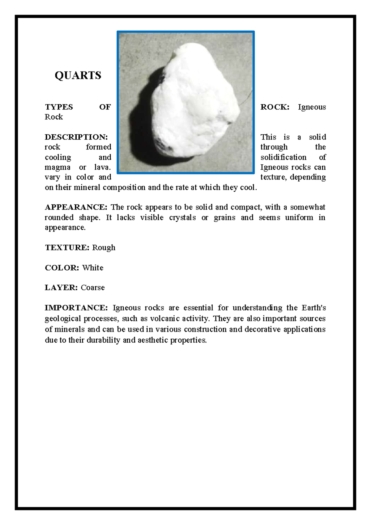 Assignment ni makmak types of rock - QUARTS TYPES OF ROCK: Igneous Rock ...
