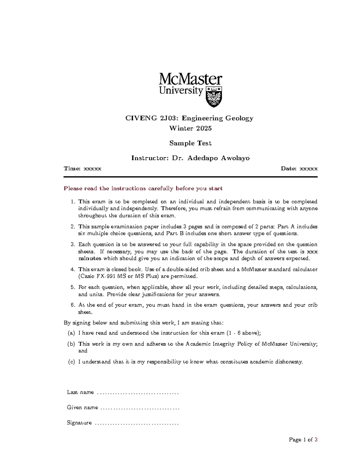 Sample Exam1 - lecture - CIVENG 2J03: Engineering Geology Winter 2025 ...