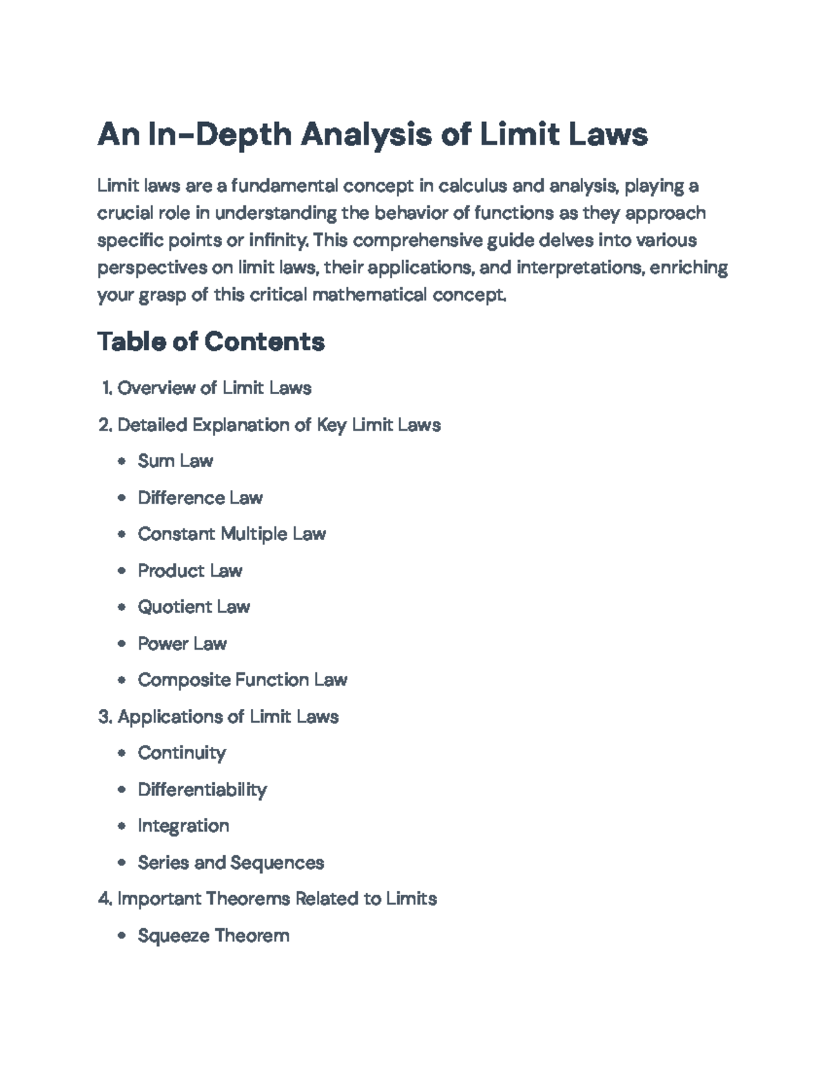 Limit Laws in Calculus: Comprehensive Guide and Applications - An In ...