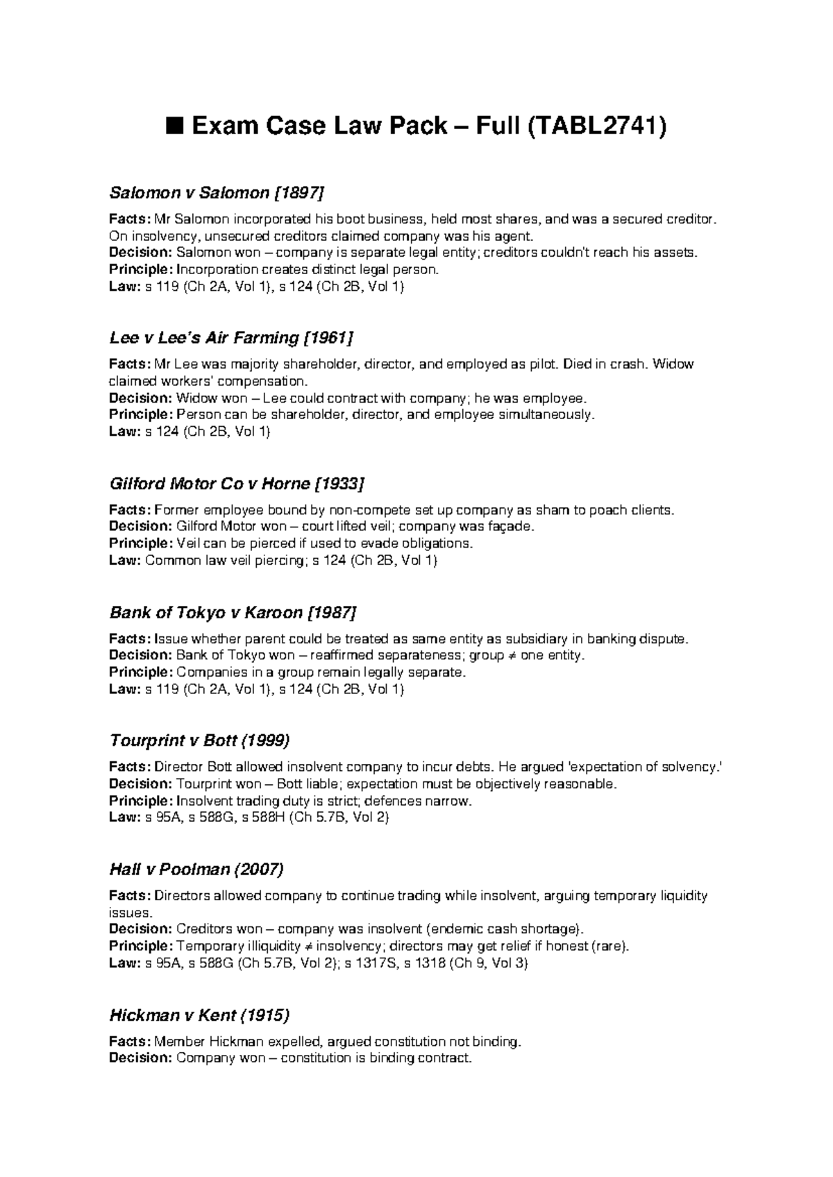 Exam Case Law Pack Full (TABL2741) - Key Cases Summary - Studocu