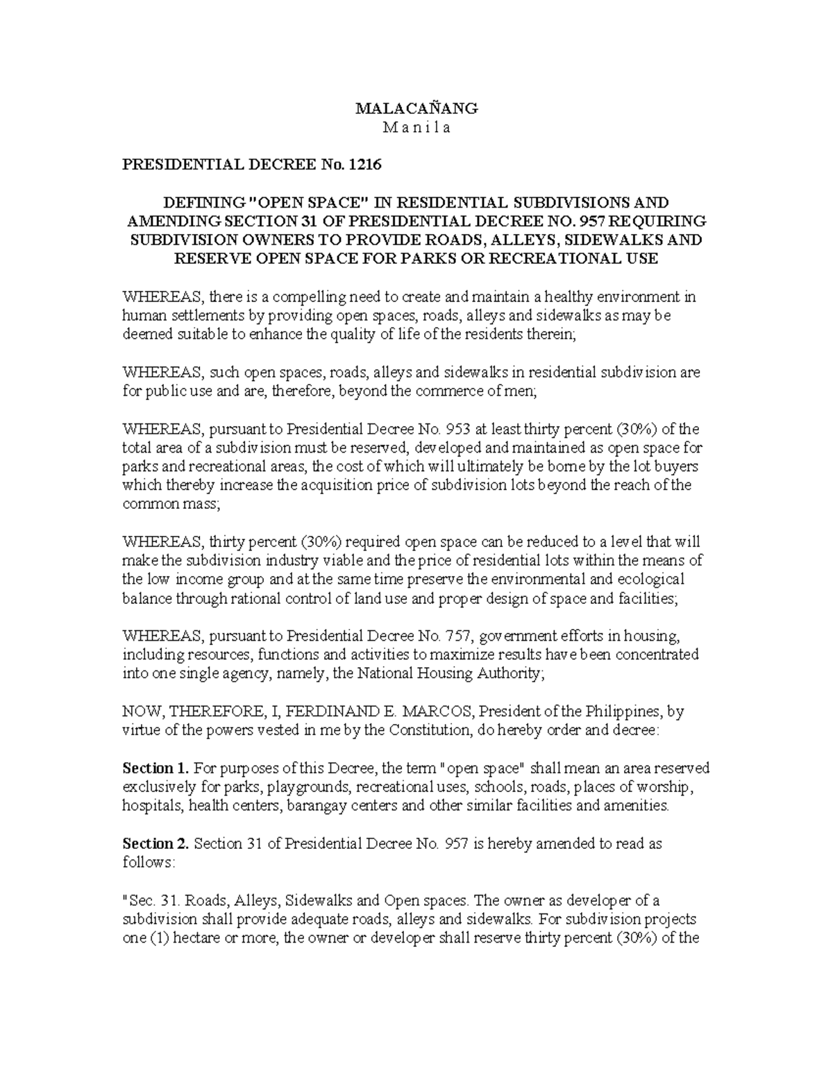 PD 1216 - Defining Open Spaces in Residential Subdivisions - Studocu