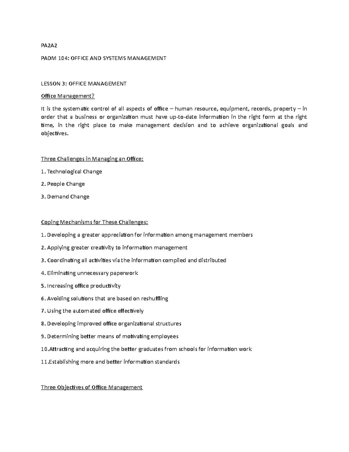 PADM 104 Lesson 3 - Key Concepts in Office Management - Studocu