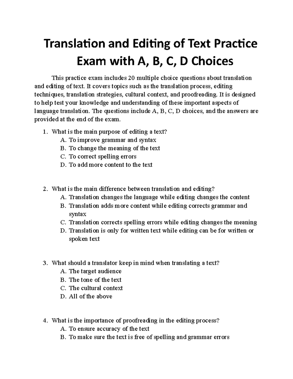 Translation and Editing of Text Practice Exam (Multiple Choice) - Studocu