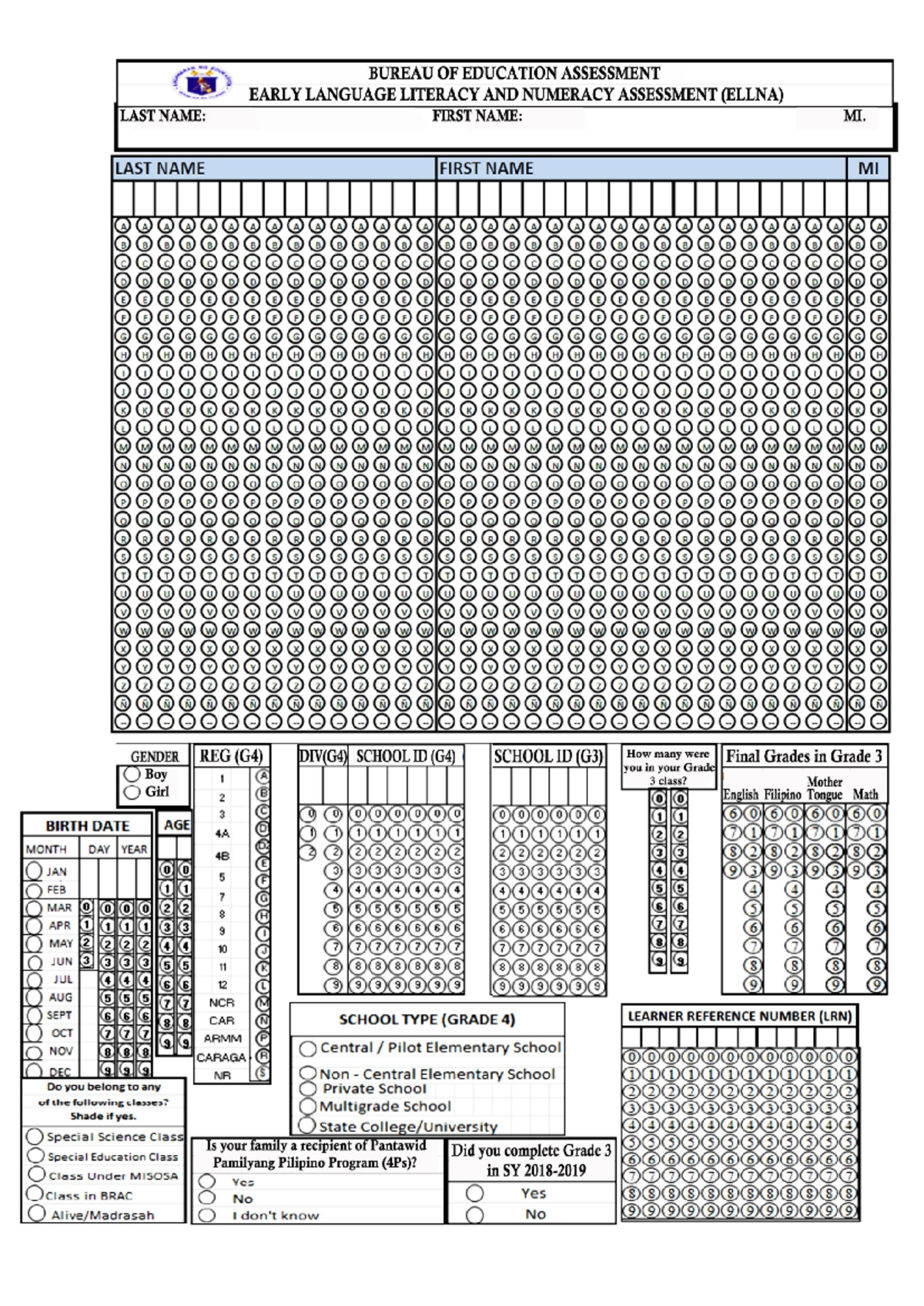 ELLNA Final Assessment Answer Sheet for Grade 3 Students - Studocu