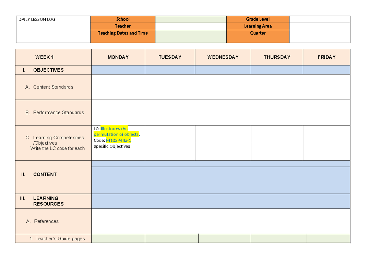 DLL- Template - DAILY LESSON LOG School Grade Level Teacher Learning ...