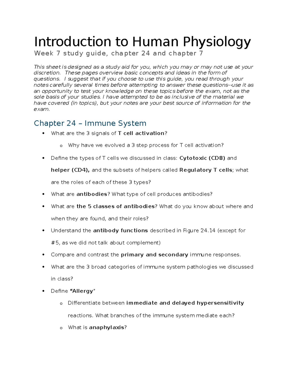 Human Physiology Study Guide: Immune & Endocrine Systems (Ch. 7 & 24 ...