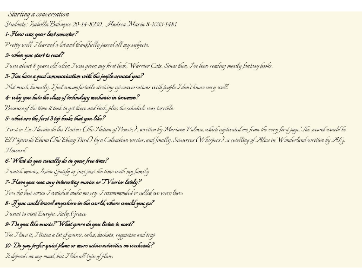 Conversation Starters: Reflections on Last Semester and Interests - Studocu