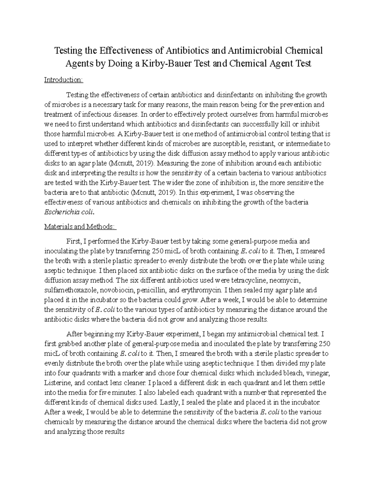 Antimicrobial Effectiveness: Kirby-Bauer Test Report MCB2004 L - Studocu