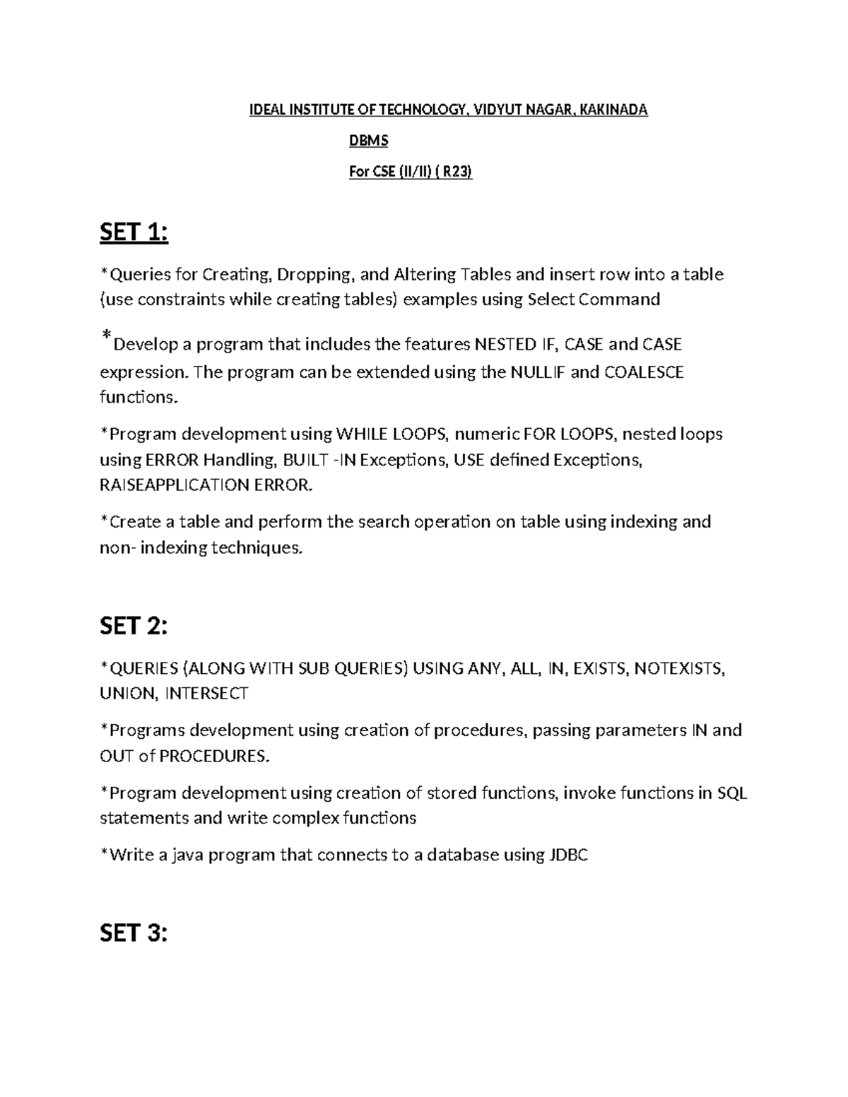 DBMS Practical Questions for CSE (R23) - Comprehensive Guide - Studocu