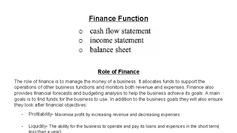 Finance Function: Role, Statements & Cash Flow Analysis (FIN 101) - Studocu