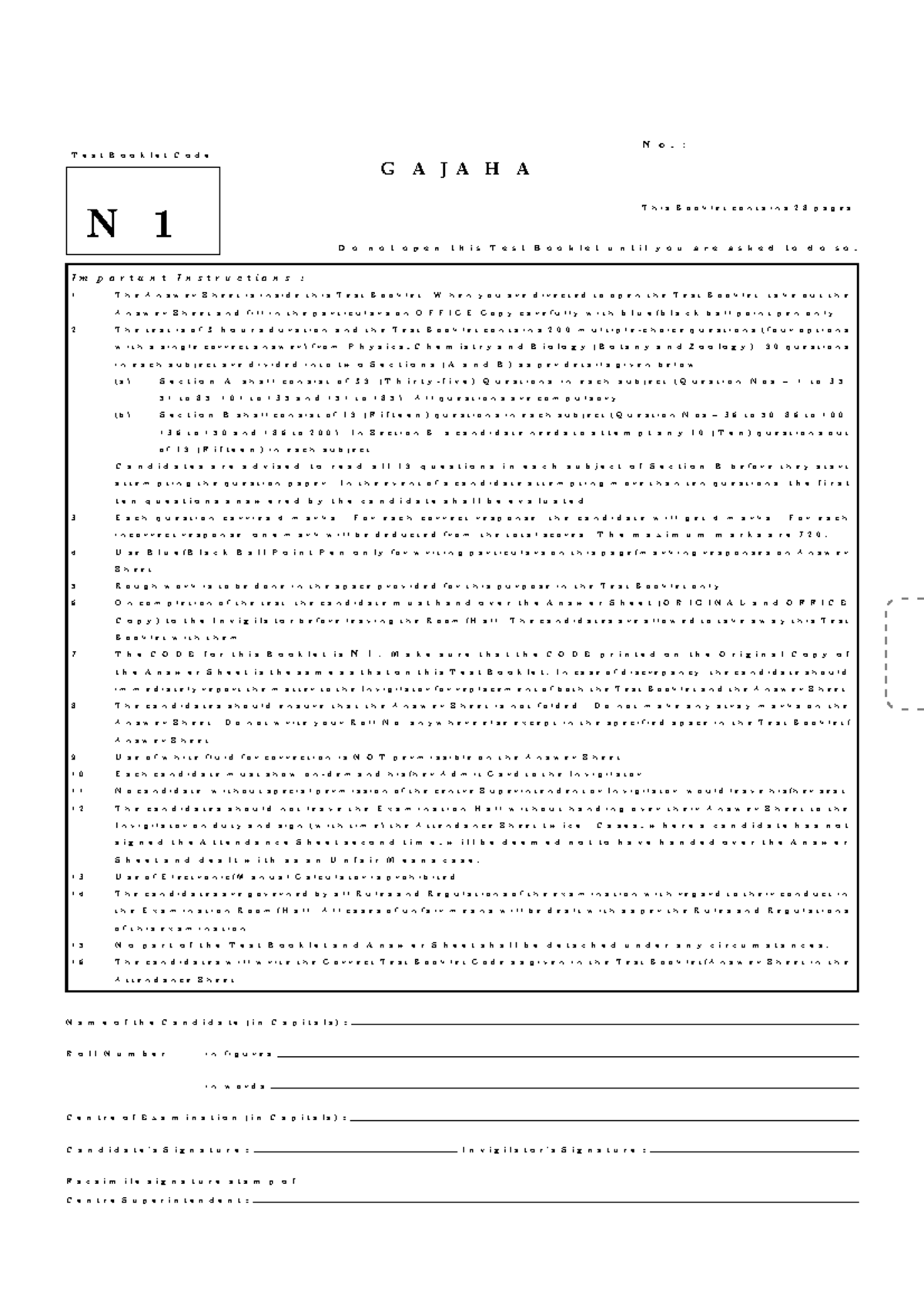 NEET Sample Paper 2025 (Code N1) - Comprehensive Test Booklet - Studocu
