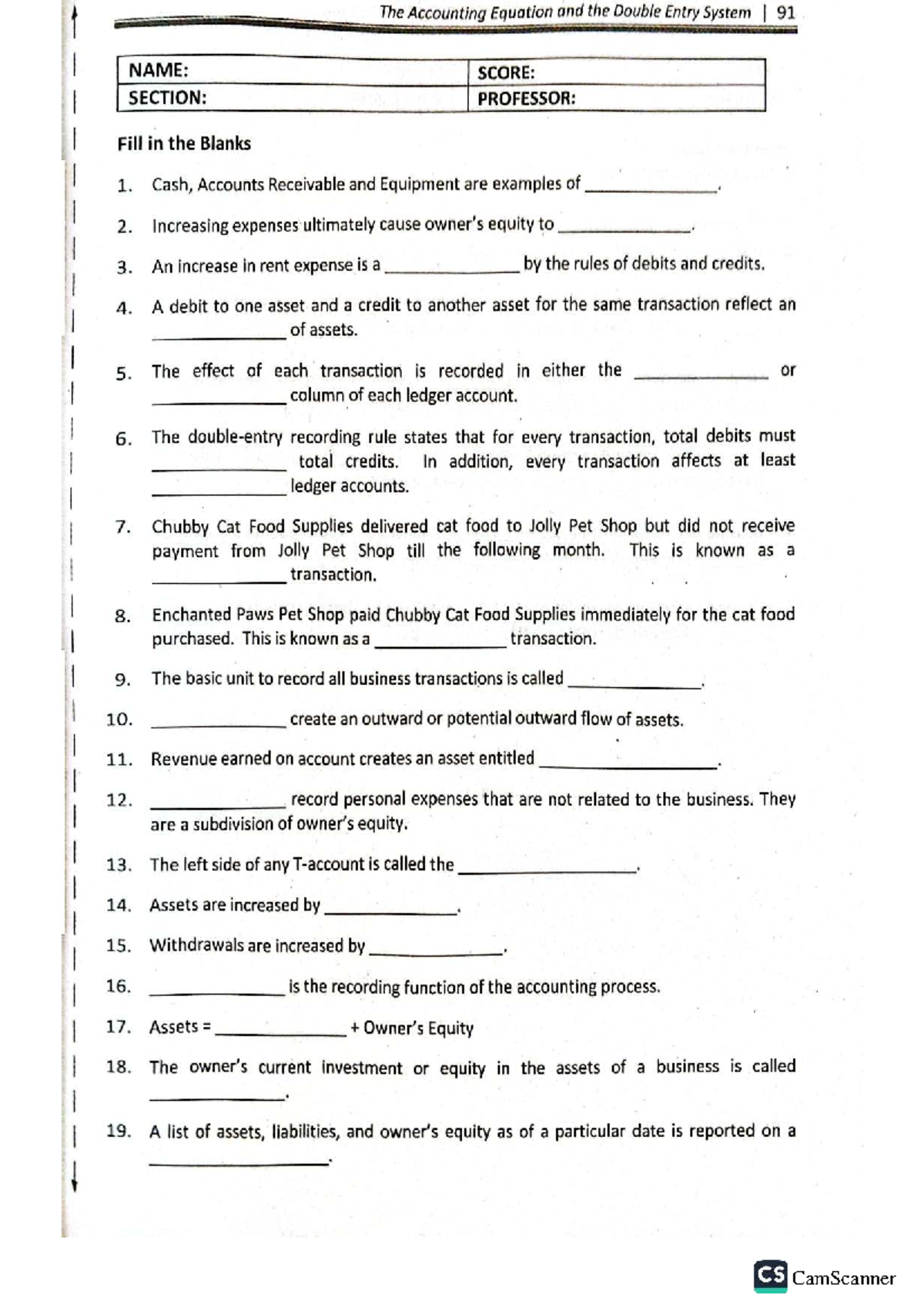 CS 101: The Accounting Equation & Double Entry System - Fill in the ...