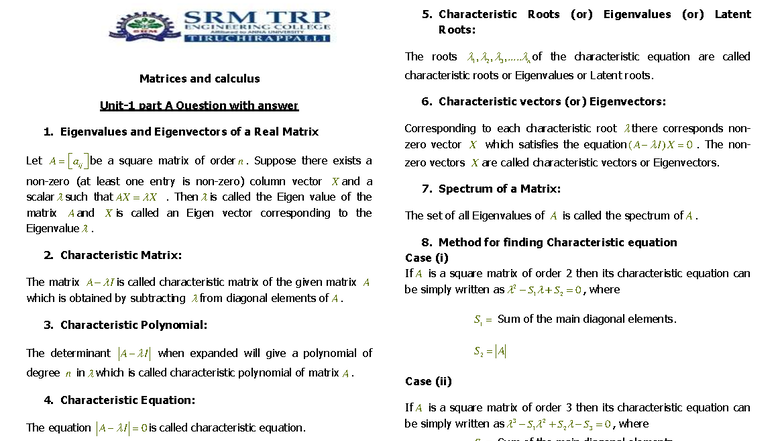Matrix Answer Notes: Characteristic Roots & Eigenvalues (Part A) - Studocu