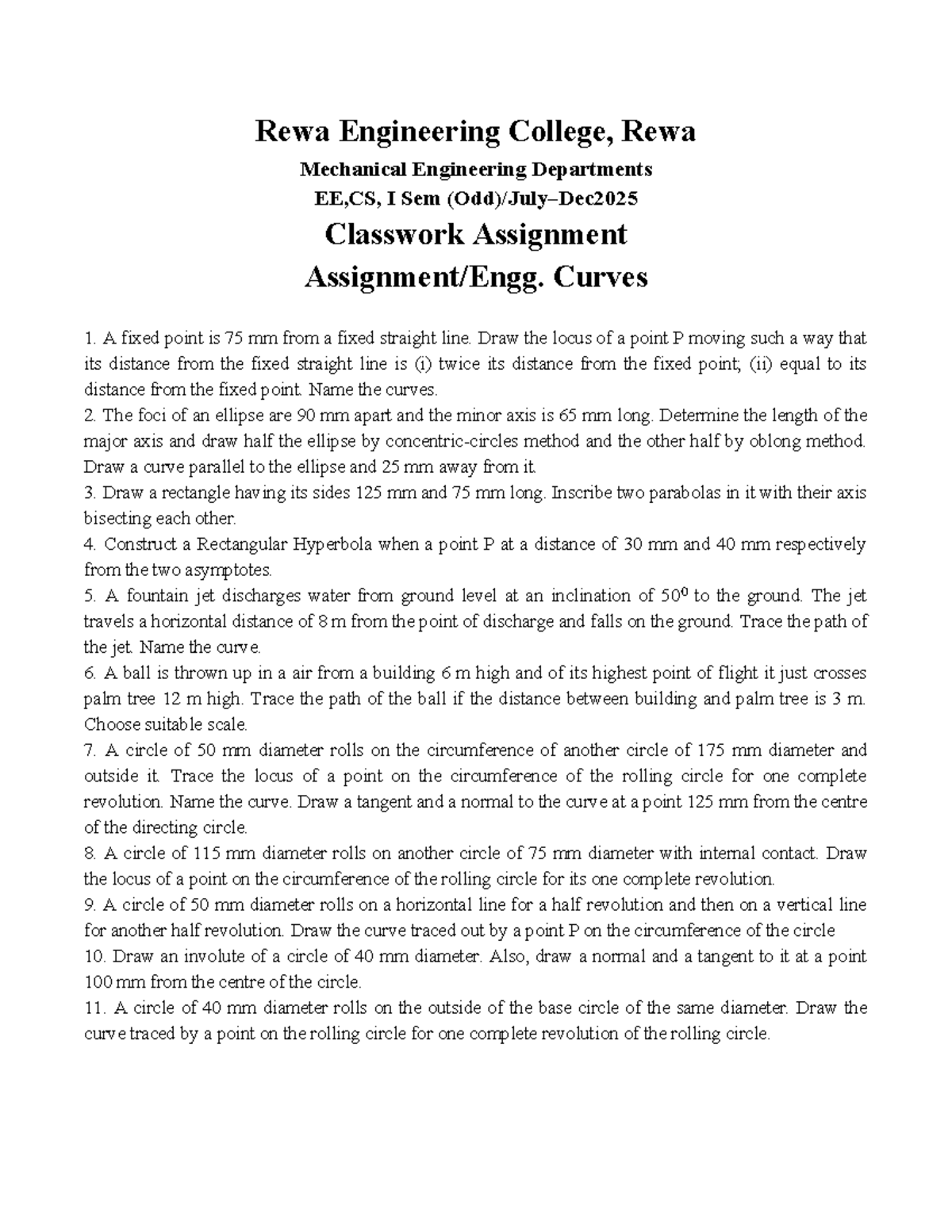 Rewa Engineering College ME I Sem Classwork Assignment on Curves - Studocu