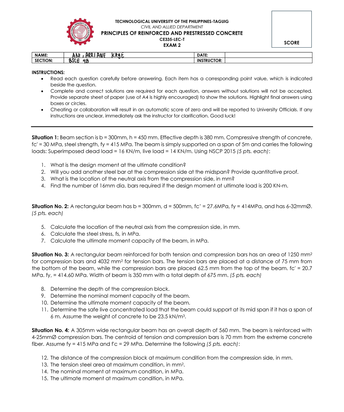 25 PRPC Score Exam 2: Principles of Reinforced & Prestressed Concrete ...