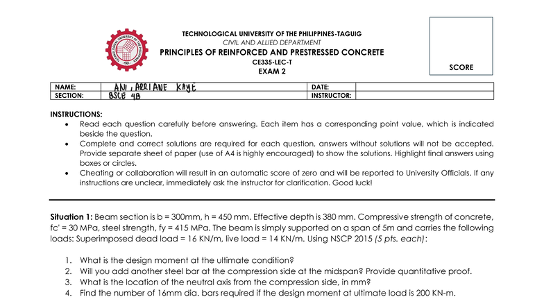 25 PRPC Score Exam 2: Principles of Reinforced & Prestressed Concrete ...