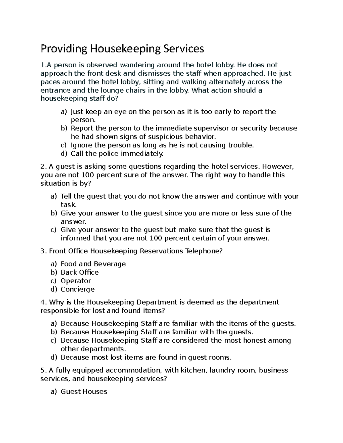 Housekeeping Services Final Exam Study Guide - Part 1 - Studocu