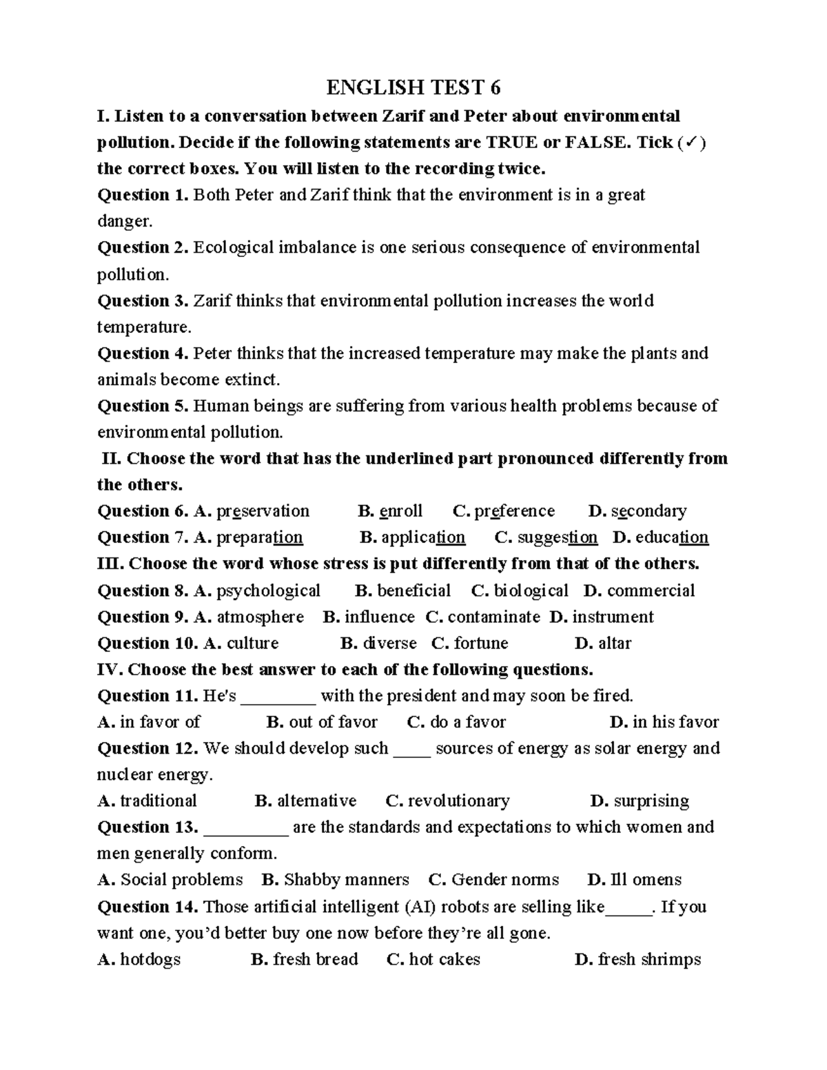 English TEST 6 - hhhhhhhhhhhh - ENGLISH TEST 6 I. Listen to a ...