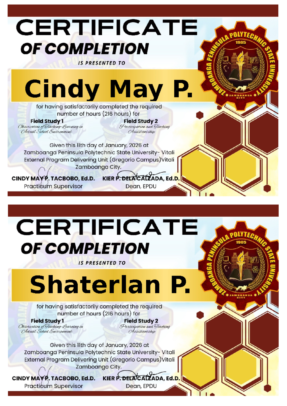 FS 1 & 2 Certificate of Completion - Zamboanga Polytechnic - Studocu