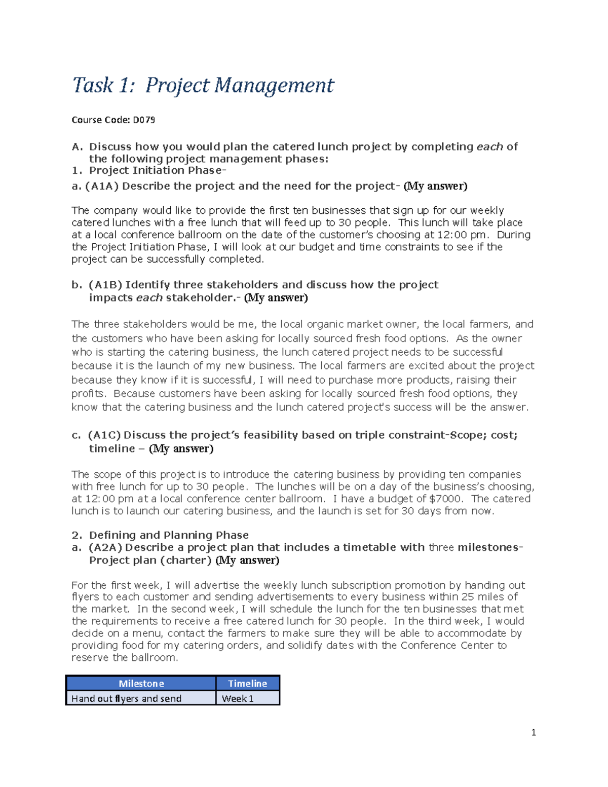 D079-Task 1 Project Management - Task 1: Project Management Course Code ...