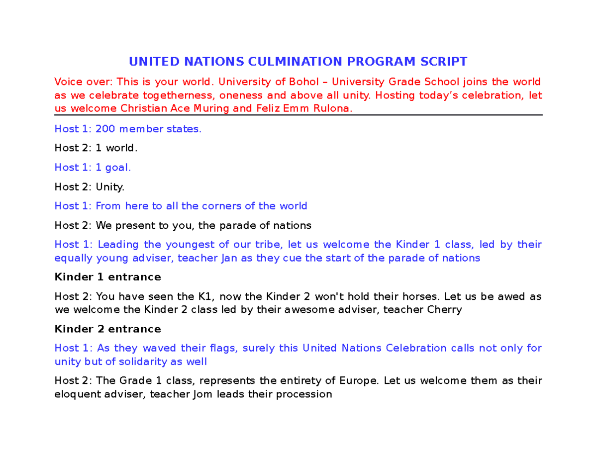 UN Culmination Program Script - University of Bohol Event - Studocu