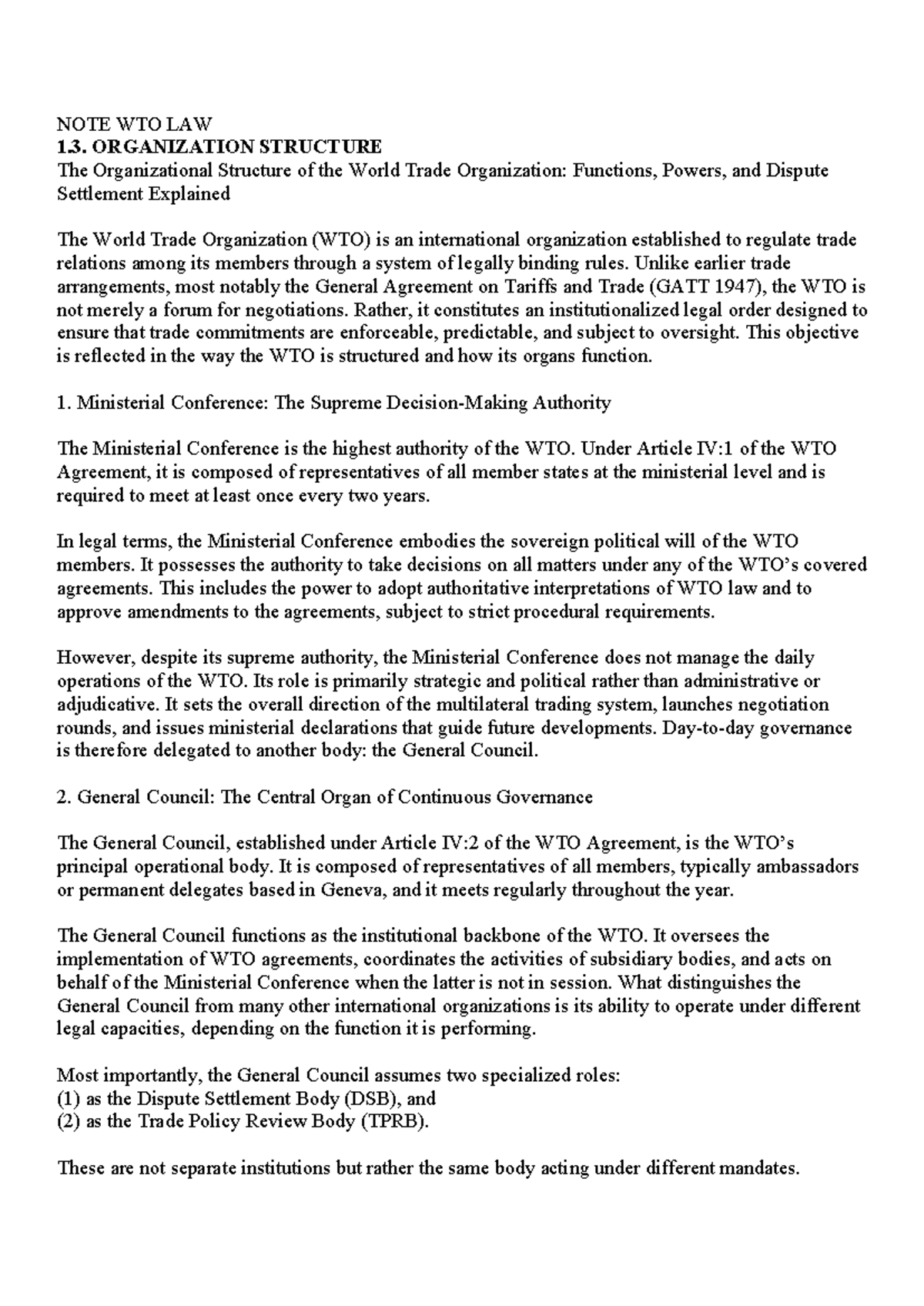 NOTE WTO LAW 1.3: Org Structure & Dispute Settlement Explained - Studocu