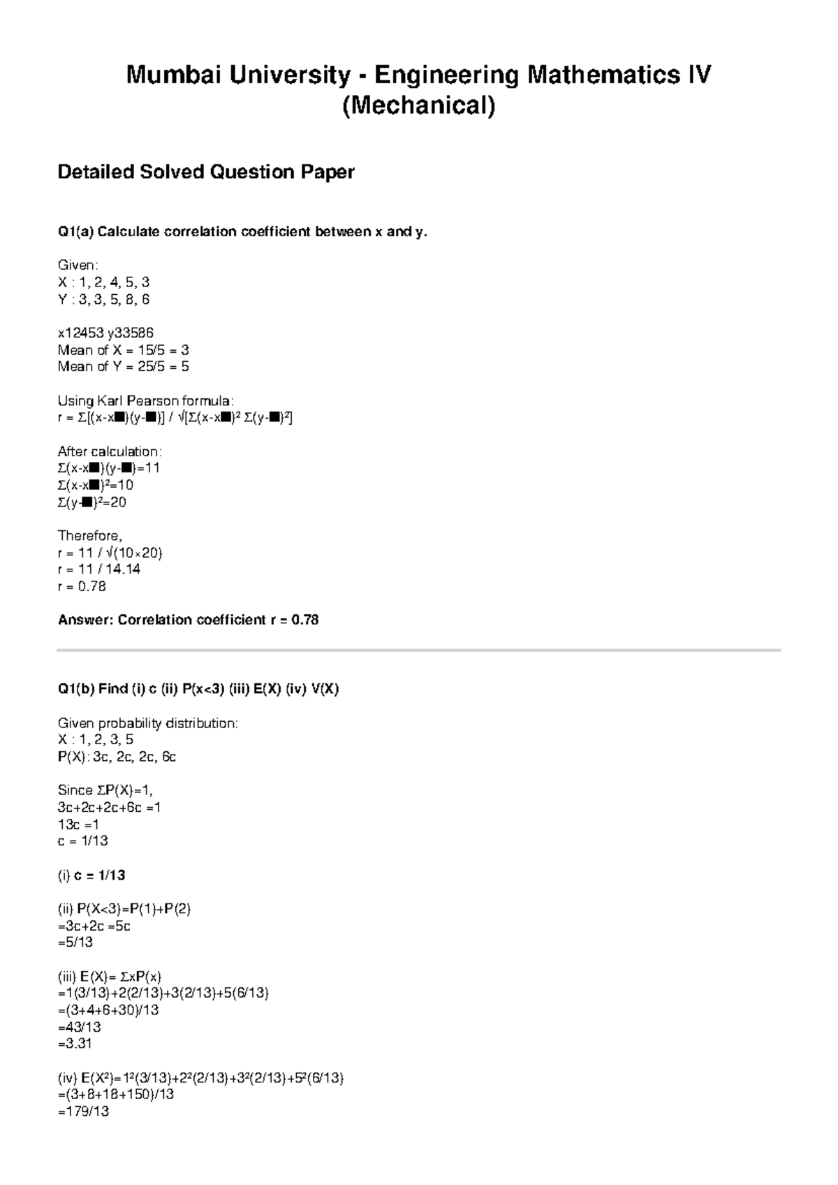 Engineering Maths IV (ME) Detailed Solutions & Correlation Analysis ...