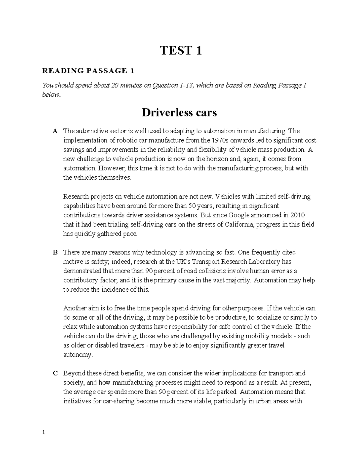 TEST 1 READING PASSAGE 1: Driverless Cars and Their Impact on Mobility ...