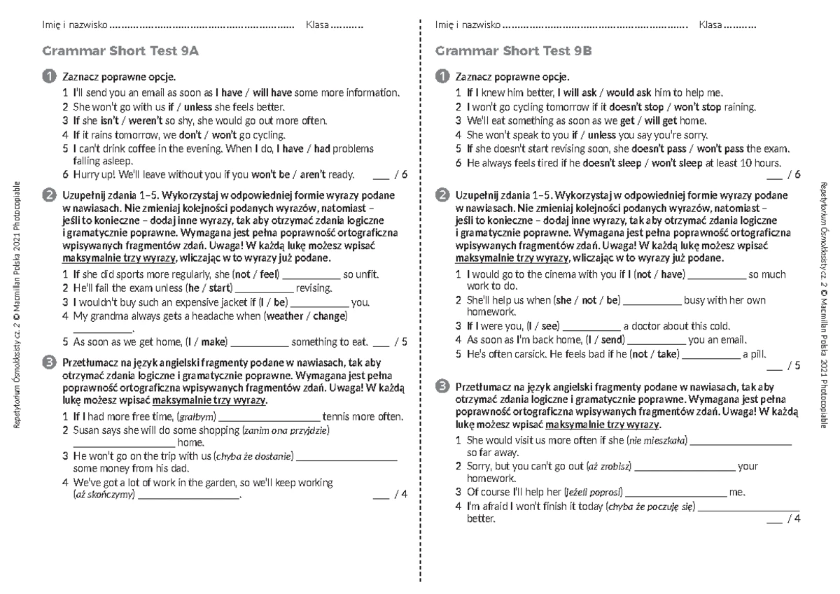 Unit 12 Short Test Grammar A&B - Imię i nazwisko Klasa Imię i nazwisko ...