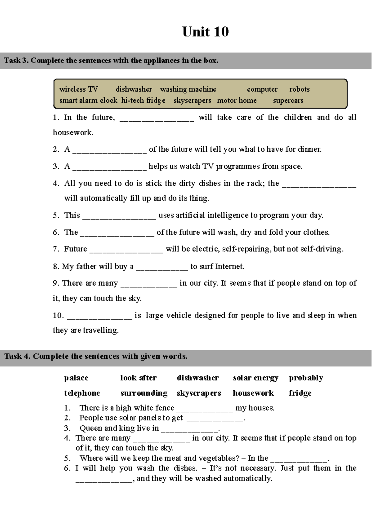 Unit 10 - Grade 6: Future Technology and Dream Houses Tasks - Studocu